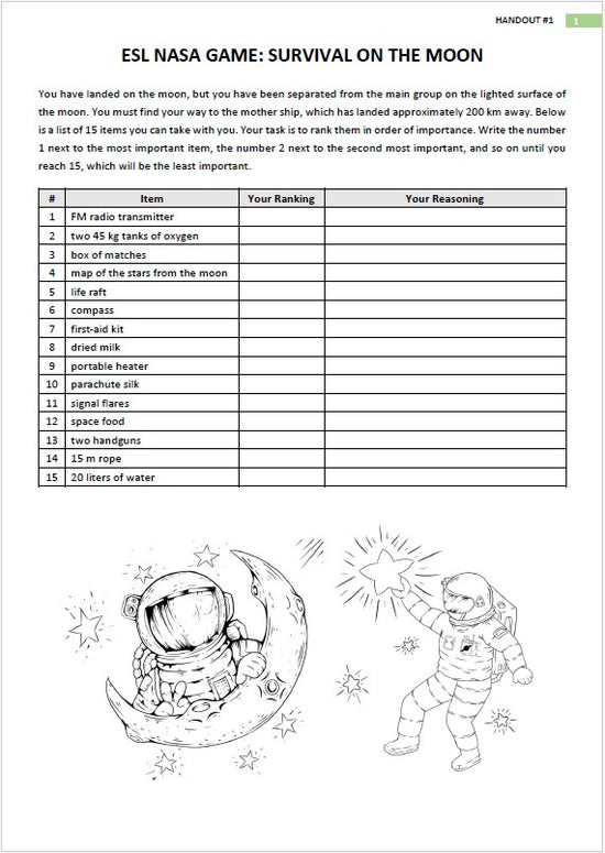 NASA Moon Survival Game Vocabulary and Handouts – Teacher Val